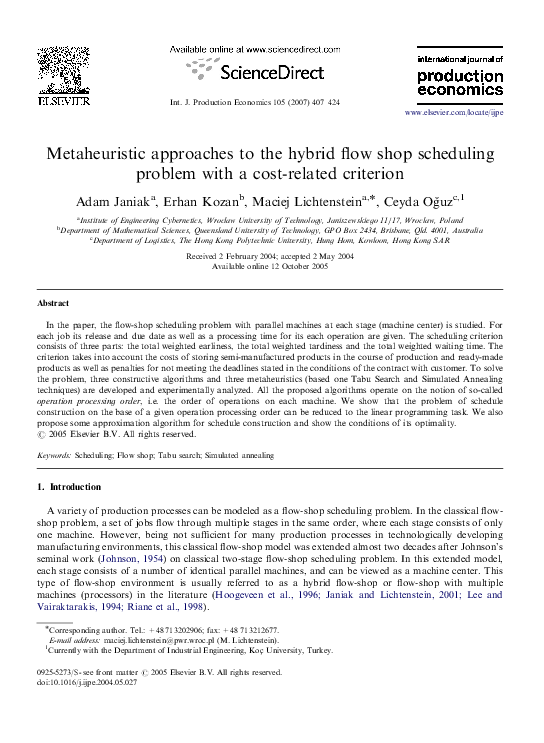 (PDF) Metaheuristic approaches to the hybrid flow shop scheduling problem with a cost-related ...