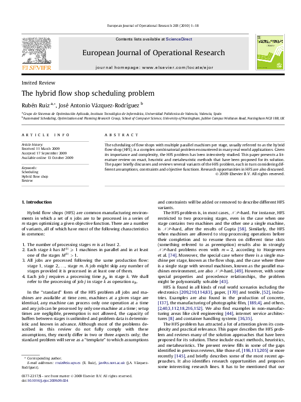 Pdf Invited Review The Hybrid Flow Shop Scheduling Problem