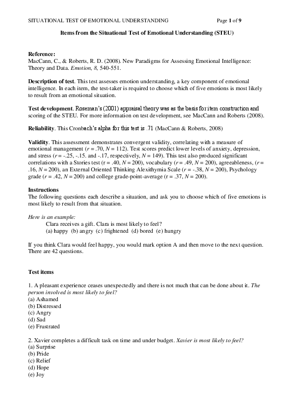 (DOC) Test Protocol: The Situational Test of Emotional Understanding (STEU)