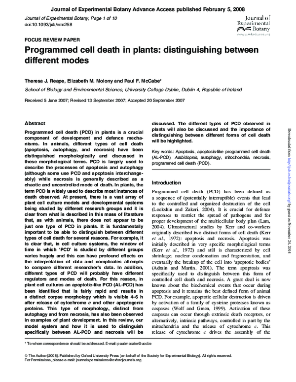 (PDF) Programmed cell death in plants: distinguishing between different ...