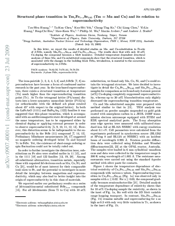 (PDF) Structural phase transition in TmxFe1-xSe0.85 (Tm = Mn and Cu) and its relation to ...