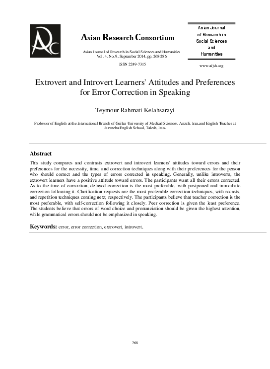 Pdf Extrovert And Introvert Learners Attitudes And Preferences For Error Correction In Speaking