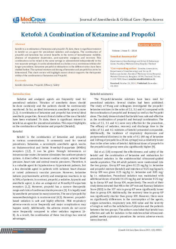 (PDF) Ketofol: a combination of ketamine and propofol