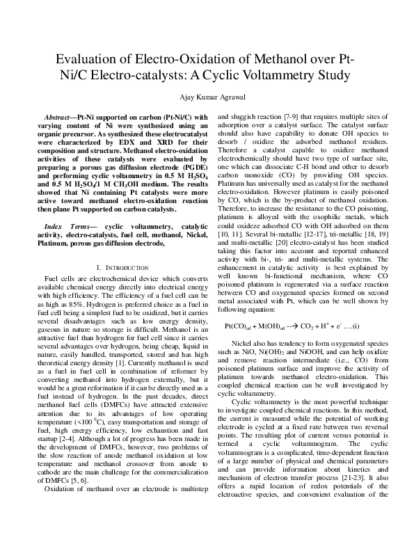 (PDF) Evaluation of Electro-Oxidation of Methanol over PtNi/C Electro-catalysts: A Cyclic ...