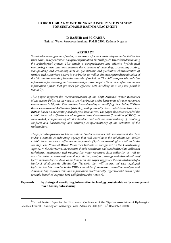 (PDF) HYDROLOGICAL MONITORING AND INFORMATION SYSTEM FOR SUSTAINABLE BASIN MANAGEMENT