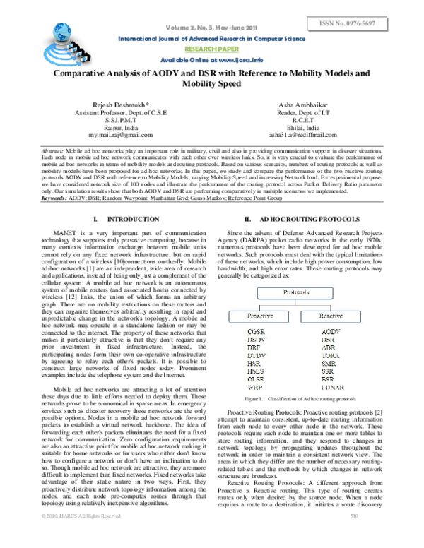 (PDF) Comparative Analysis of AODV and DSR with Reference t o Mobility Models and Mobility Speed