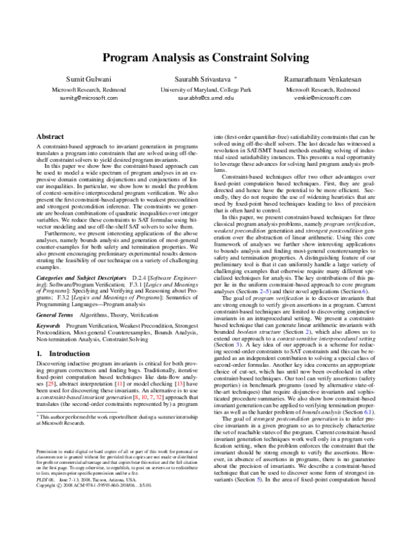 (PDF) Program analysis as constraint solving
