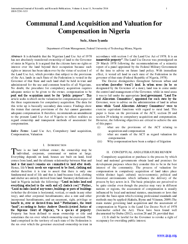 (PDF) Communal Land Acquisition and Valuation for Compensation in Nigeria
