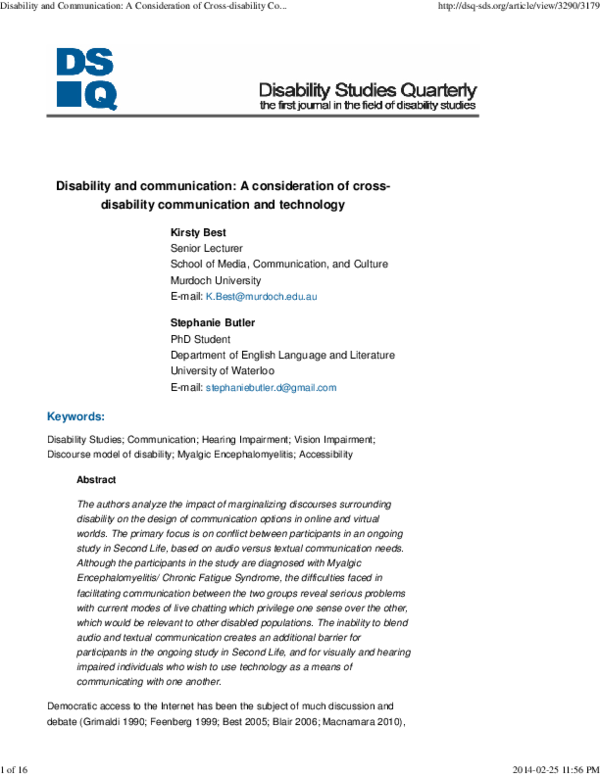 (PDF) "Disability and Communication: A Consideration of Cross ...