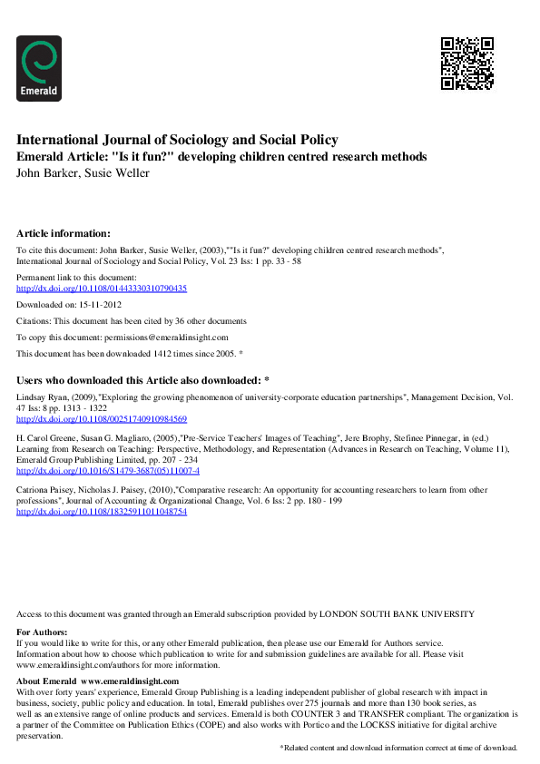 (PDF) “Is it fun?” Developing children centred research methods