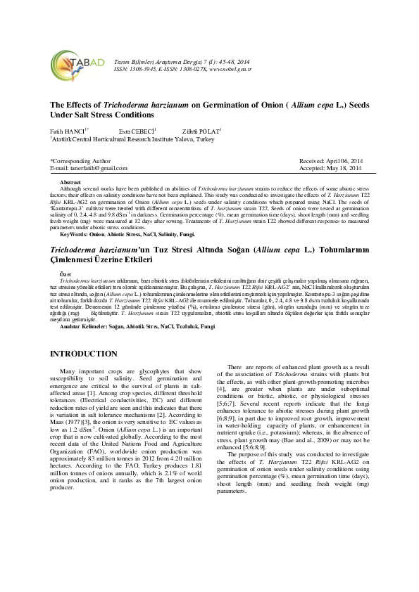 (PDF) The Effects of Trichoderma harzianum on Germination of Onion ( Allium cepa L.) Seeds.Hanci ...