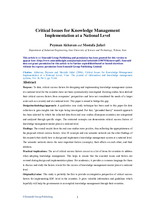 (PDF) Critical Issues for Knowledge Management Implementation at a ...