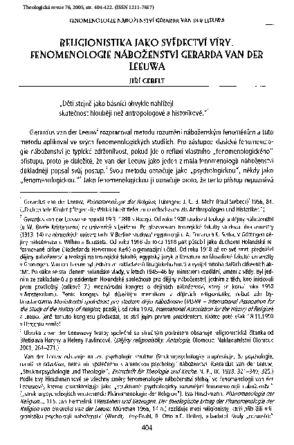 Religionistika jako svědectví víry. Fenomenologie náboženství Gerarda ...