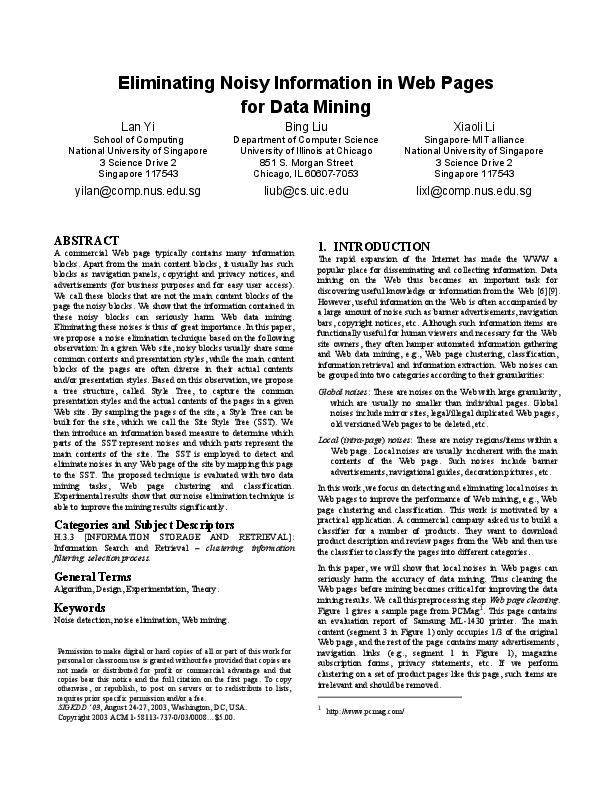 Pdf Eliminating Noisy Information In Web Pages For Data Mining