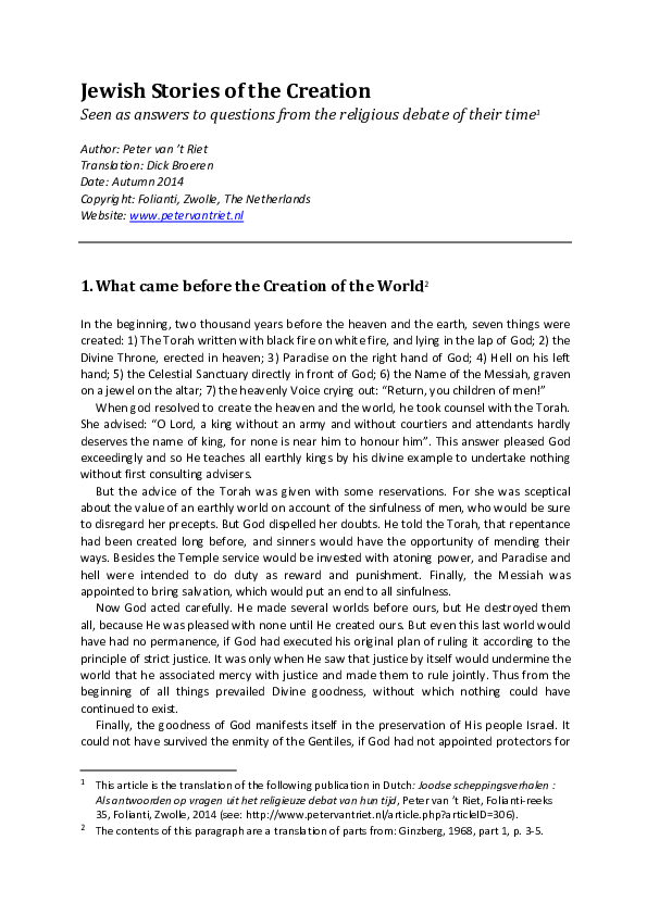 (PDF) Jewish Stories of the Creation : Seen as answers to questions ...