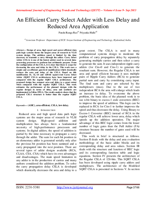 Pdf An Efficient Carry Select Adder With Less Delay And Reduced Area