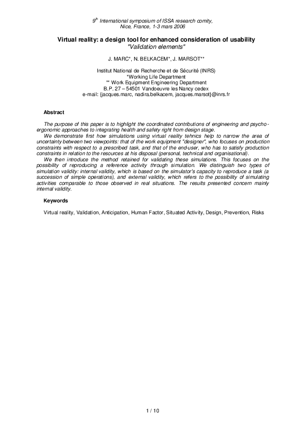 Pdf Virtual Reality A Design Tool For Enhanced Consideration Of Usability Validation Elements