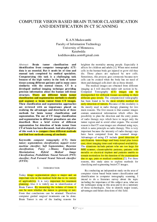 (PDF) COMPUTER VISION BASED BRAIN TUMOR CLASSIFICATION AND IDENTIFICATION IN CT SCANNING