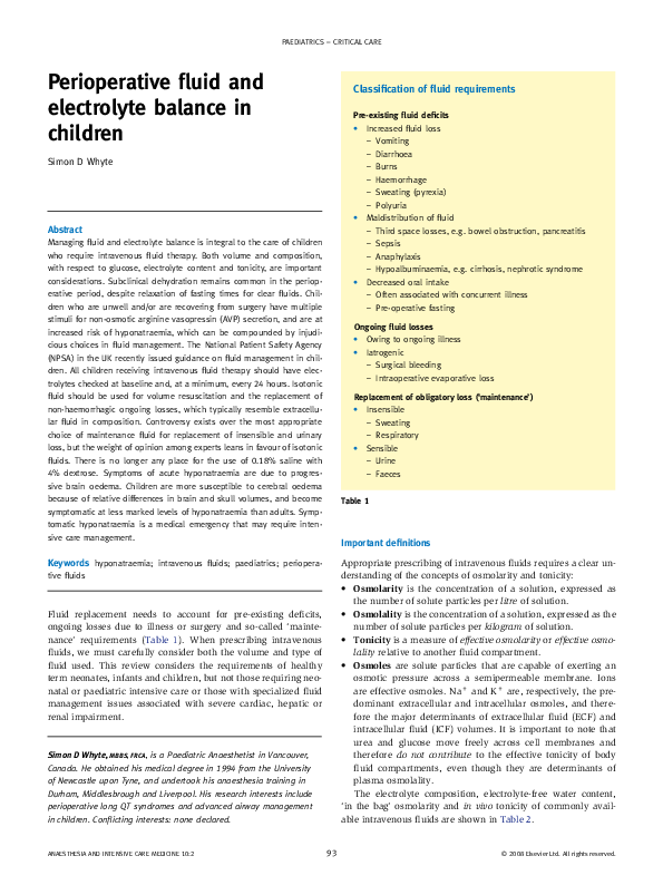 (PDF) Perioperative fluid and electrolyte balance in children