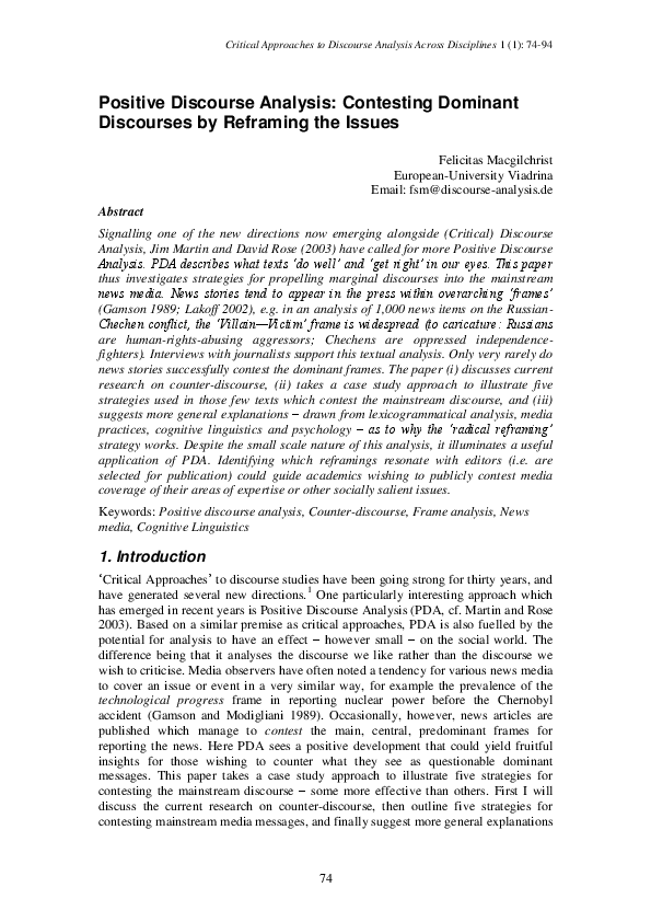 (PDF) Positive Discourse Analysis: Contesting Dominant Discourses by ...