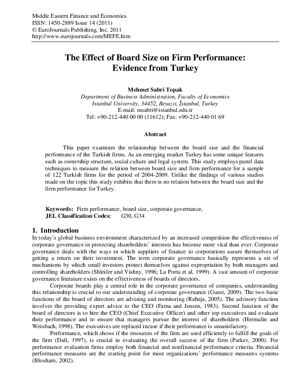 (PDF) The Effect of Board Size on Firm Performance evidence from turkey