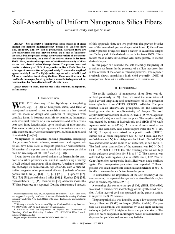 (PDF) Self-assembly of uniform nanoporous silica fibers