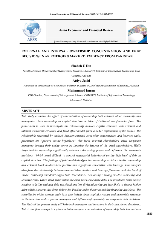 (PDF) EXTERNAL AND INTERNAL OWNERSHIP CONCENTRATION AND DEBT DECISIONS IN AN EMERGING MARKET ...