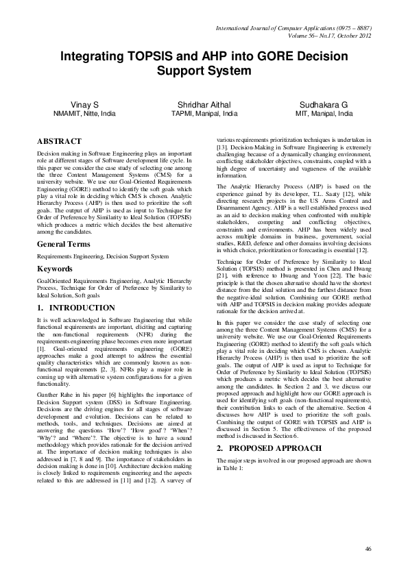 (PDF) Integrating TOPSIS and AHP into GORE Decision Support System