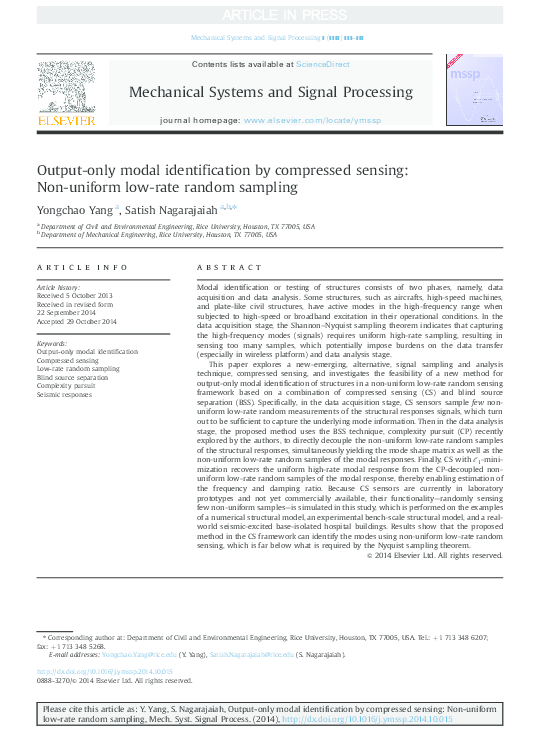 (PDF) Output-only modal identification by compressed sensing: Non-uniform low-rate random sampling