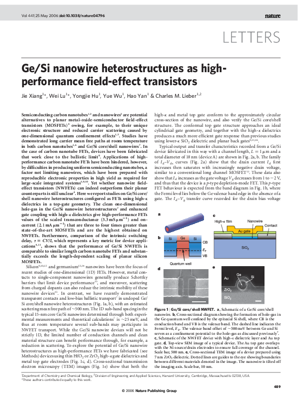 (PDF) Ge/Si nanowire heterostructures as high-performance field-effect transistors
