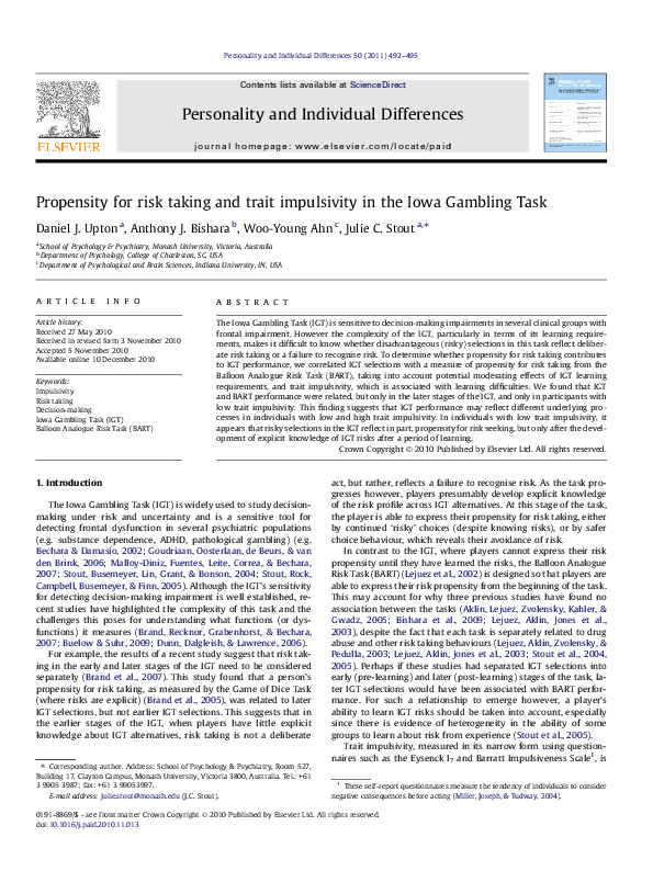 (PDF) Propensity for risk taking and trait impulsivity in the Iowa ...