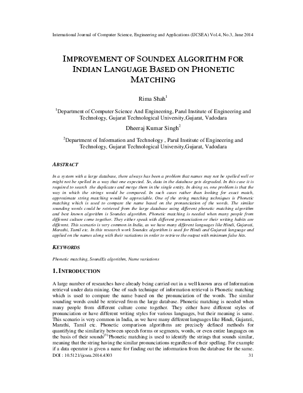 Pdf Improvement Of Soundex Algorithm For Indian Language Based On Phonetic Matching
