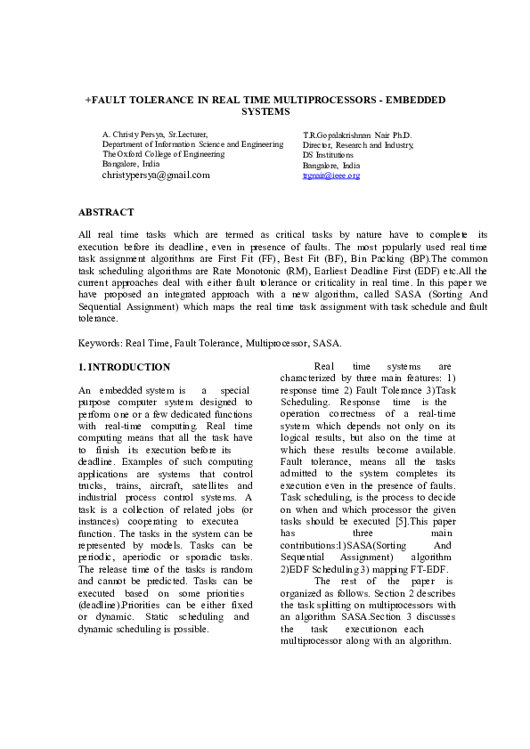 Pdf Tolerance To Multiple Transient Faults For Aperiodic Tasks In Hard Real Time Systems