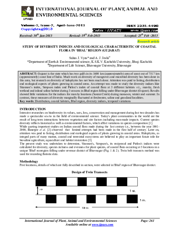 (PDF) STUDY OF DIVERSITY INDICES AND ECOLOGICAL CHARACTERISTIC OF ...