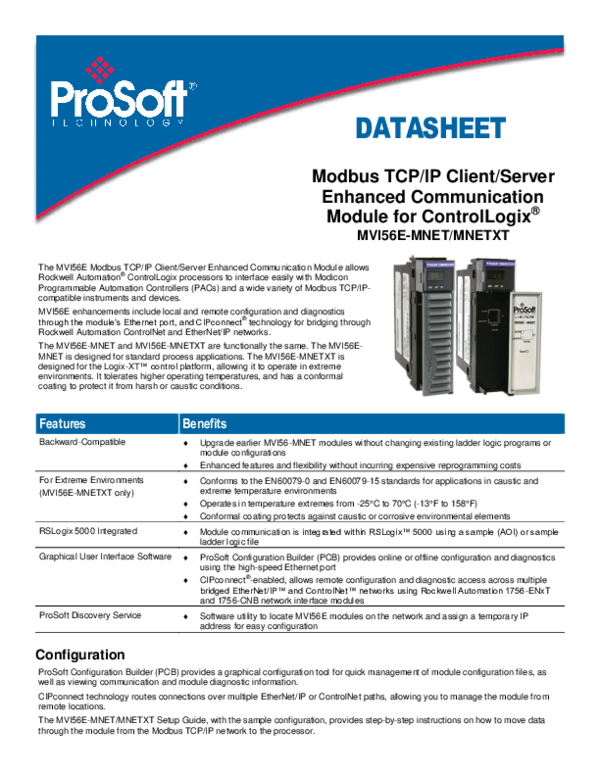 Pdf Datasheet Modbus Tcpip Clientserver Enhanced Communication Module For Controllogix 