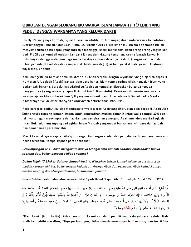 (DOC) Jawaban untuk seorang Ibu pengikut aliran LDII ( Islam-Jama'ah)
