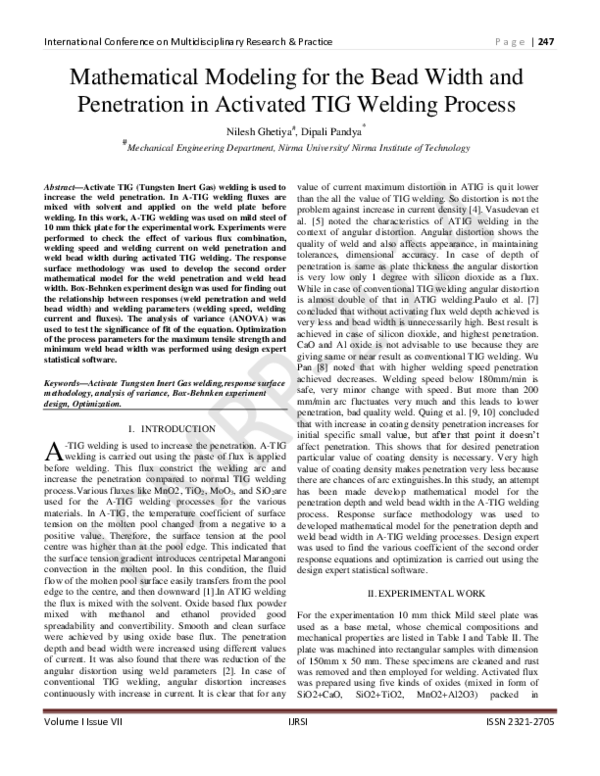 (PDF) Mathematical Modeling for the Bead Width and Penetration in Activated TIG Welding Process