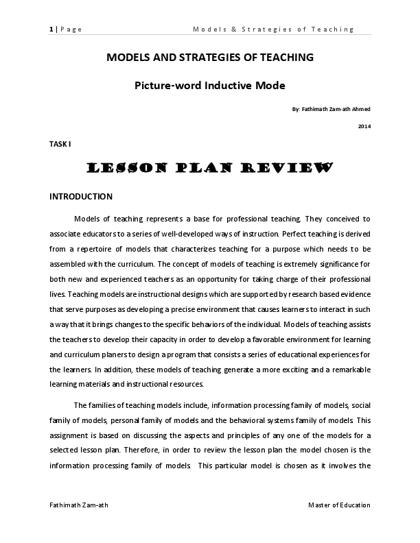 (PDF) Models and Strategies of teaching - Picture-Word Inductive Model