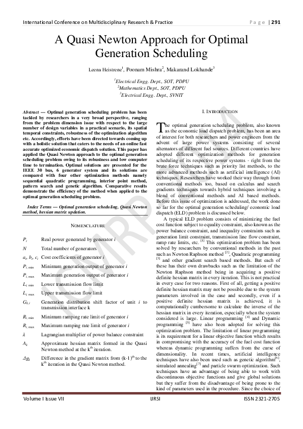 Pdf A Quasi Newton Approach For Optimal Generation Scheduling Rsis