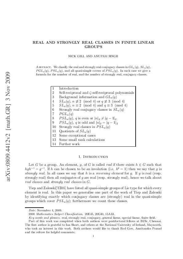 (PDF) Real and strongly real classes in finite linear groups