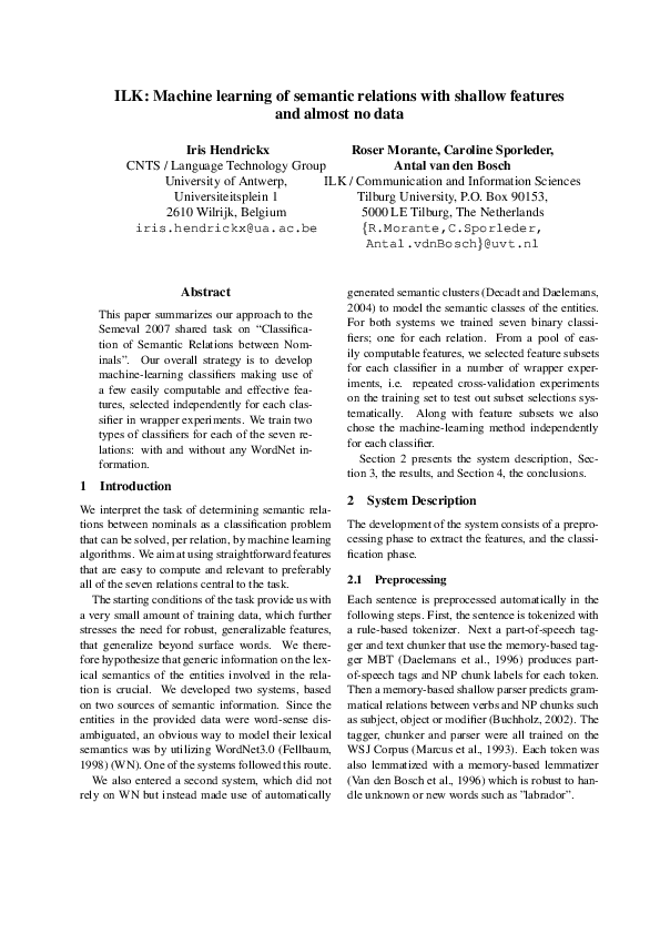 (PDF) ILK: Machine learning of semantic relations with shallow features and almost no data