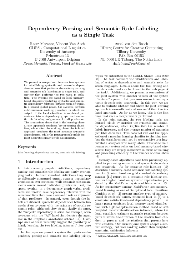 Pdf Dependency Parsing And Semantic Role Labeling As A Single Task 2461