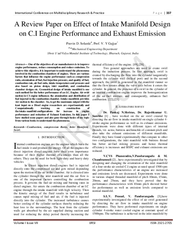 (PDF) A Review Paper on Effect of Intake Manifold Design on C.I Engine ...