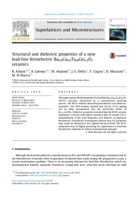 (PDF) Structural and dielectric properties of a new lead-free ferroelectric Ba 0.8 Ca 0.2 Ti 0.8 ...