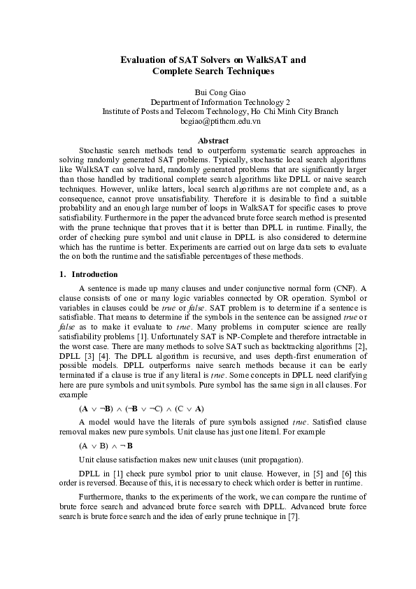 (PDF) Evaluation of SAT solvers on WalkSAT and complete search techniques