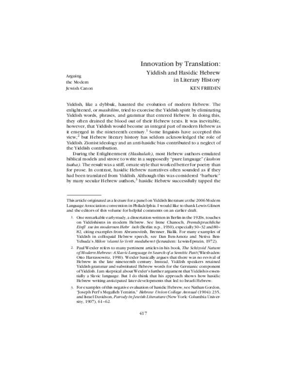 (PDF) Innovation by Translation: Yiddish and Hasidic Hebrew in Literary ...