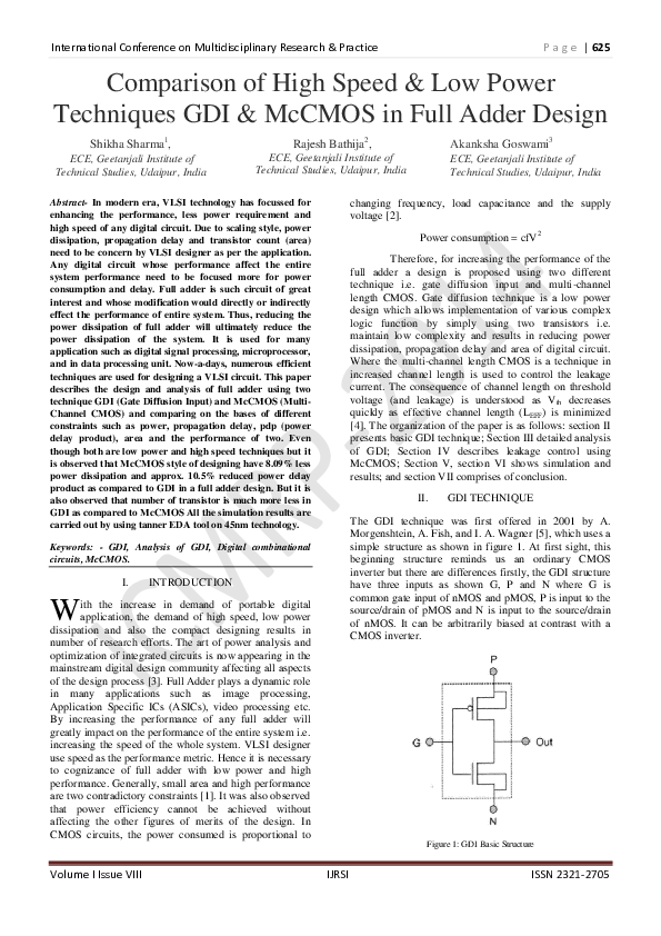 Pdf Comparison Of High Speed And Low Power Techniques Gdi And Mccmos In Full Adder Design