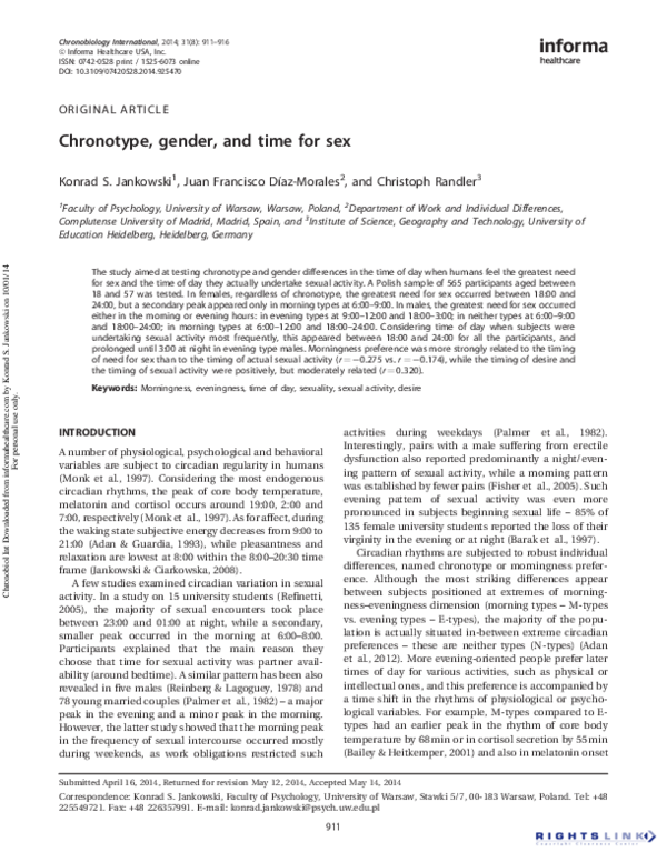 Pdf Chronotype Gender And Time For Sex Konrad S Jankowski Juan F