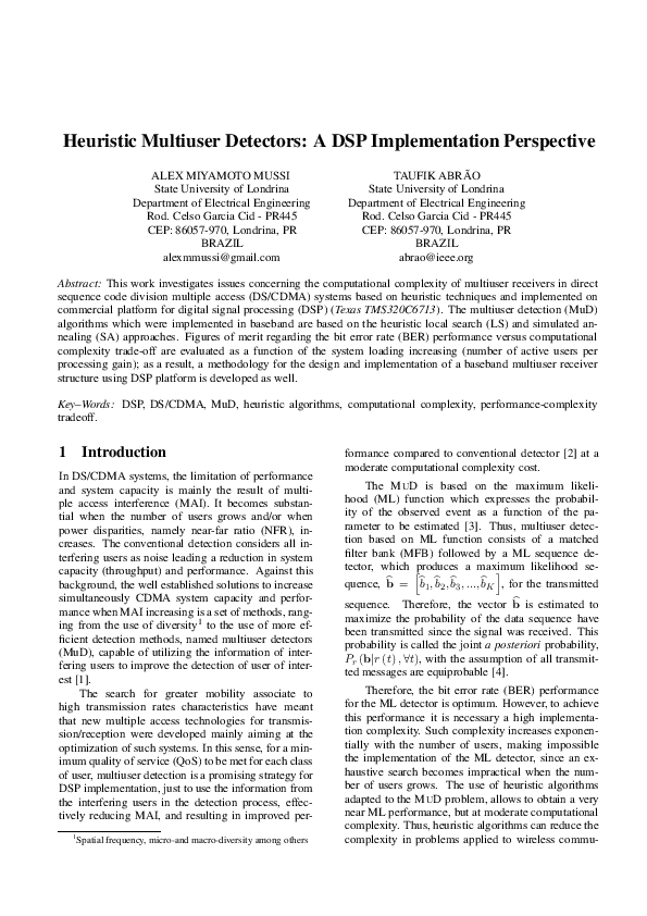 Pdf Heuristic Multiuser Detectors A Dsp Implementation Perspective