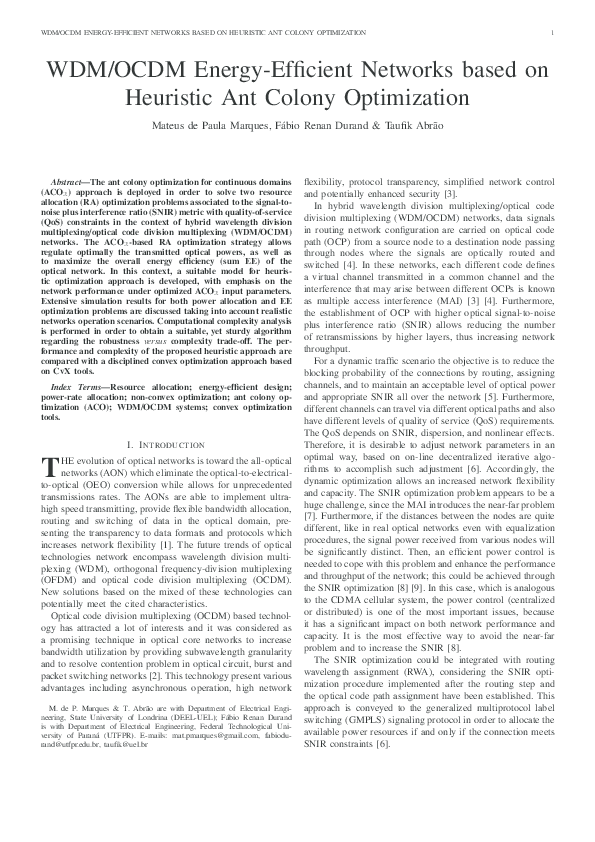 (PDF) WDM/OCDM Energy-Efficient Networks based on Heuristic Ant Colony Optimization